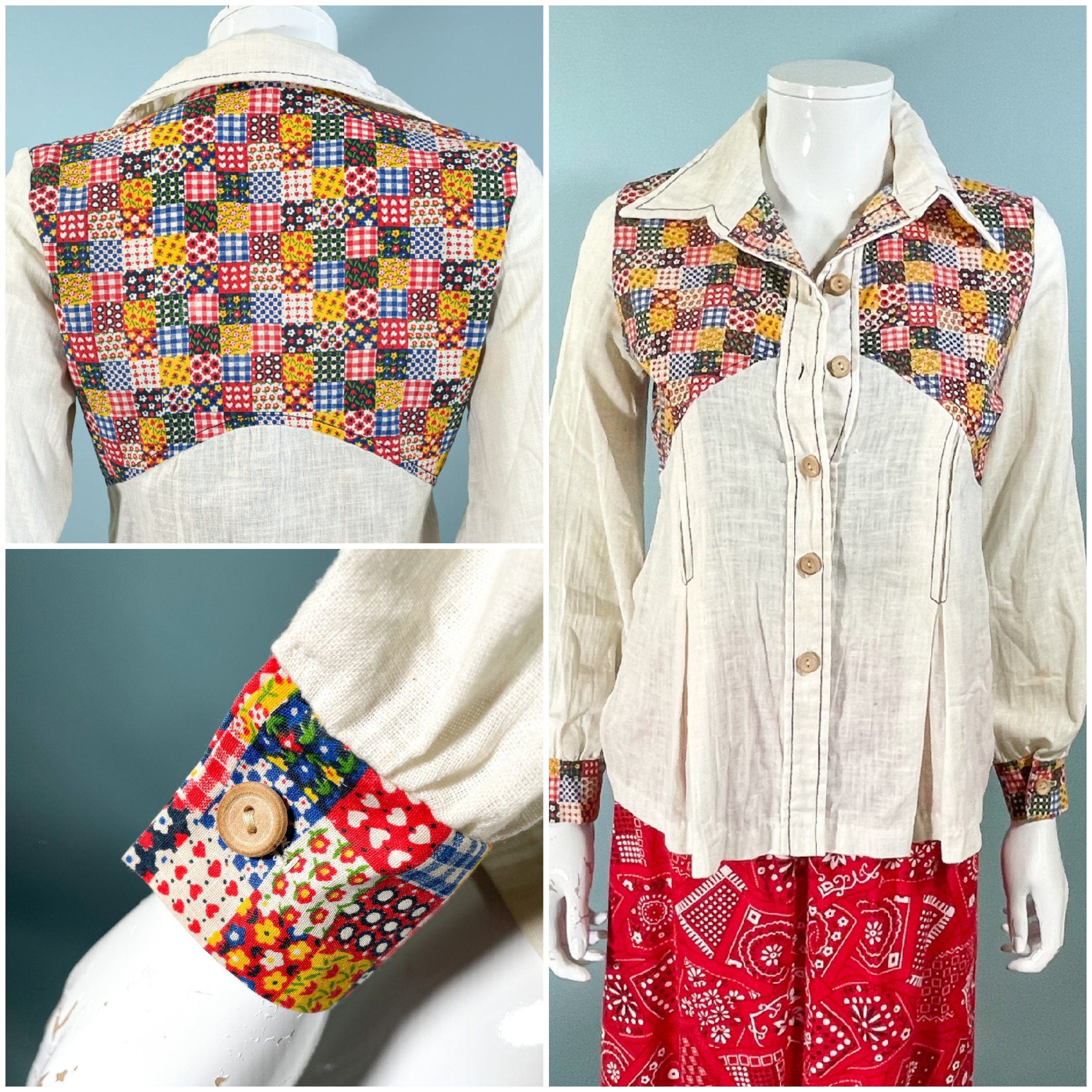 Vintage 70s Faux Patchwork Blouse, 60s Hippie Blouse - Etsy