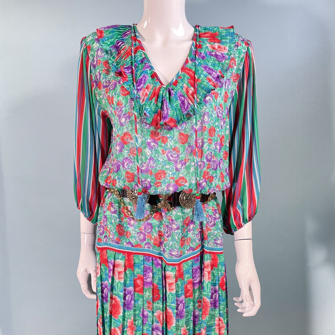 Vintage 80s Diane Freis Long Floral Dress, Georgette Semi Sheer Print ...