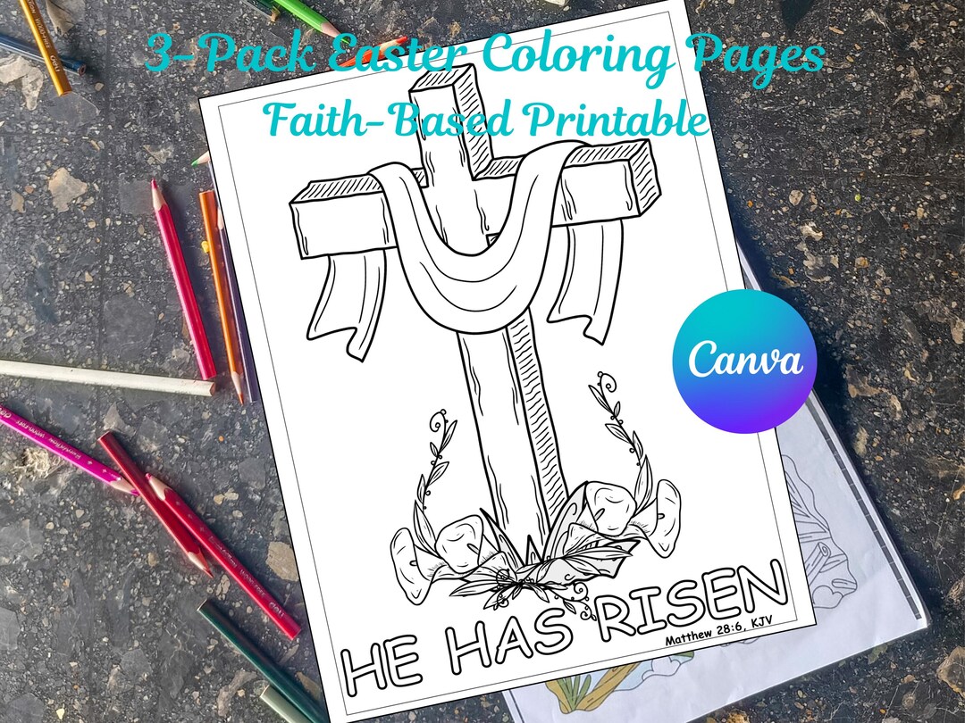 He is Risen Easter Coloring Page | Christian Cross Printable (digital ...