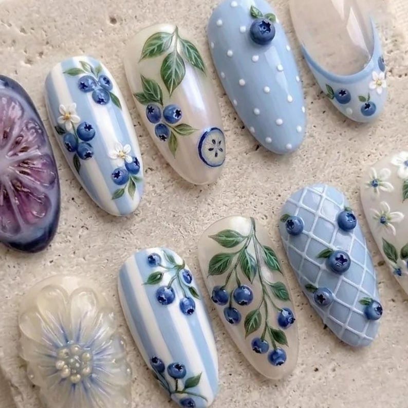 Handmade Blueberry Garden Press on Nails, 3D Fruit Daisy Floral French ...