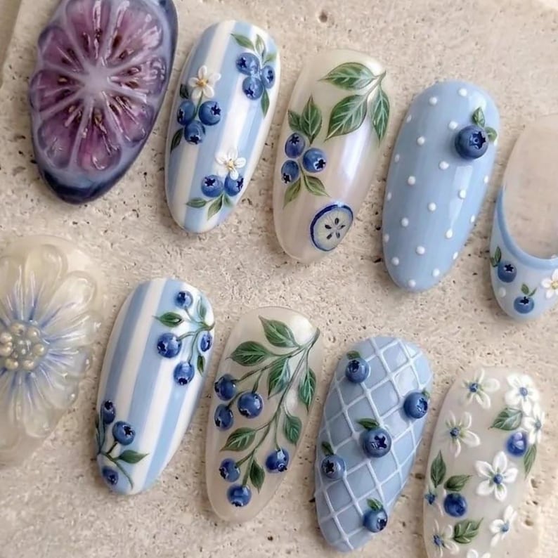 Handmade Blueberry Garden Press on Nails, 3D Fruit Daisy Floral French ...