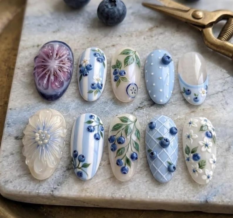 Handmade Blueberry Garden Press on Nails, 3D Fruit Daisy Floral French ...