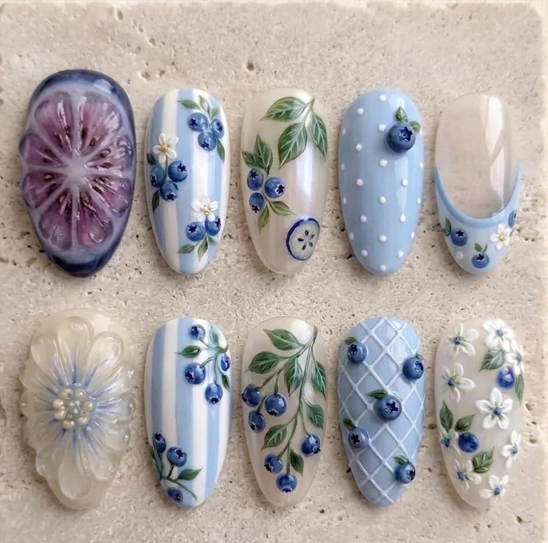 Handmade Blueberry Garden Press on Nails, 3D Fruit Daisy Floral French ...