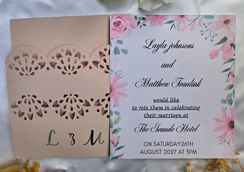Floral Lace Pocketfold Wedding Invitation, 300gsm Cardstock, Organza ...