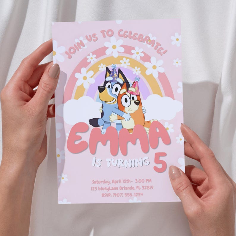 Bluey Birthday Invitation Editable, Rainbow Bluey and Bingo Party Canva ...