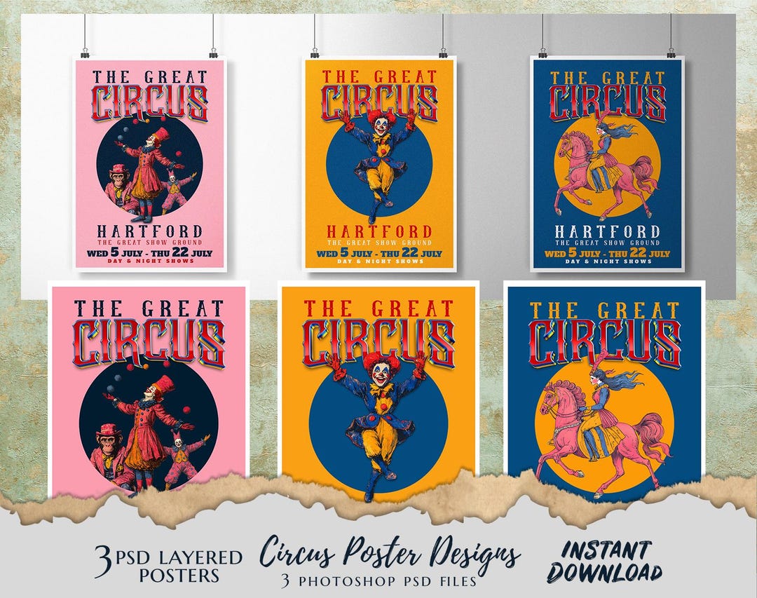 3 Vintage Style Circus Poster Designs Templates, Editable PSD Photoshop ...