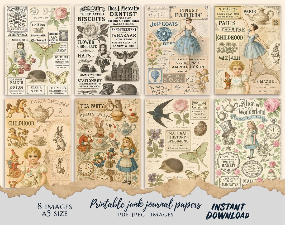 Printable Junk Journal Papers | 8 Vintage A5 Collage Pages | Digital ...