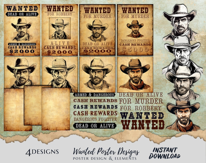 Western Wanted Poster Designs & Elements, Wild West Cowboy Printable ...