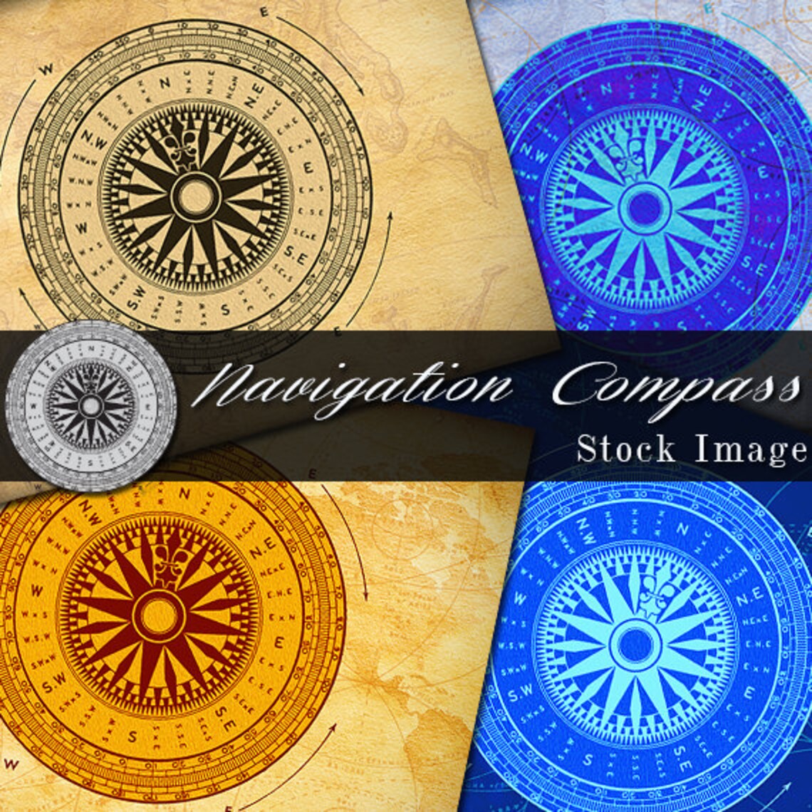 5 X Digital Stock Images Navigation Map Compass Nautical Picture Art ...