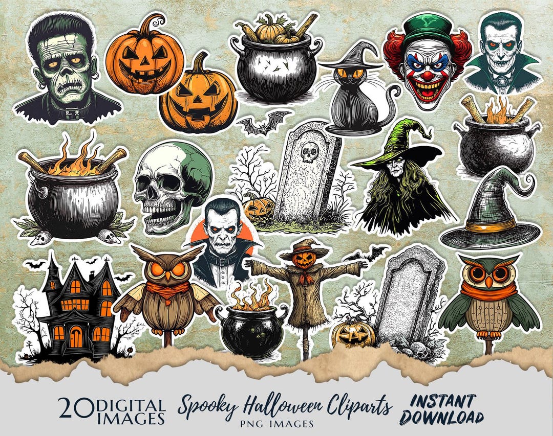 Spooky Halloween Clipart Images Bundle | 20 Sticker-style Pngs | Witch ...