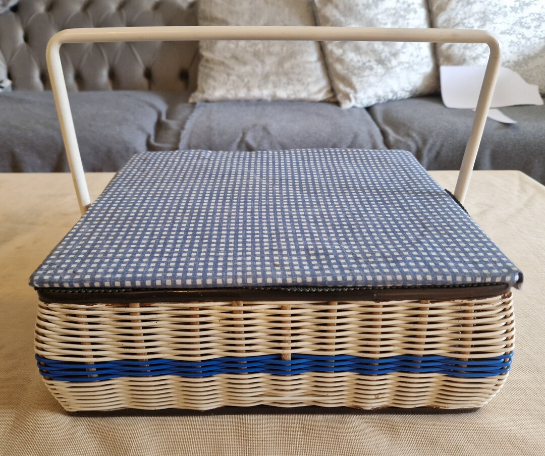 Vintage Blue White Wicker Sewing Box Basket With Handle Blue Satin ...