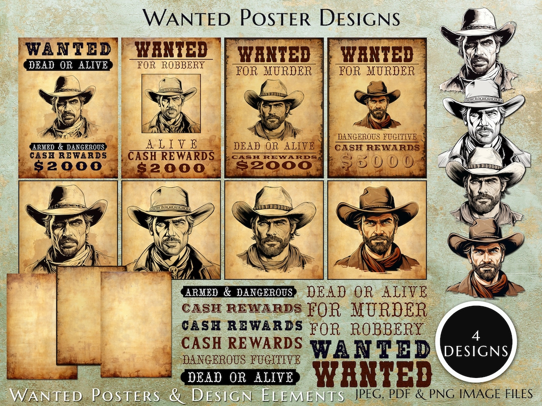 Western Wanted Poster Designs & Elements, Wild West Cowboy Printable ...