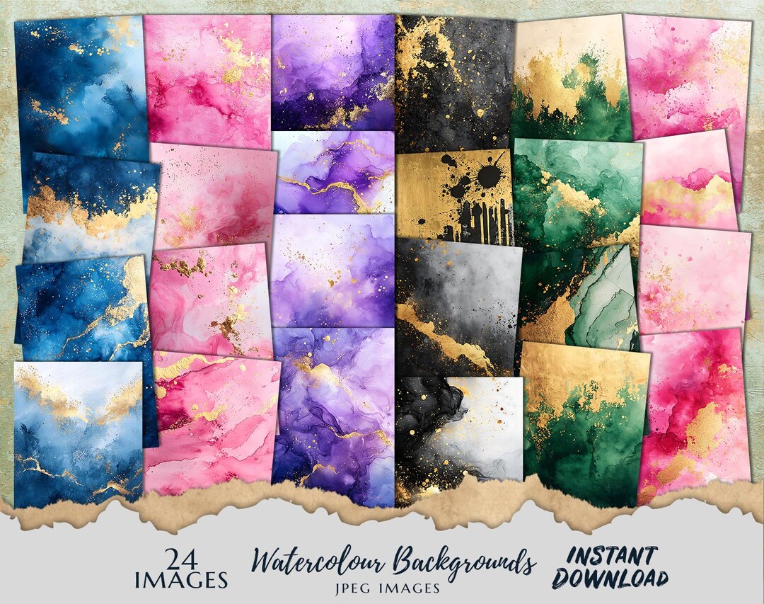 Watercolour and Gold Paint Splash Texture Backgrounds - Digital Paper ...