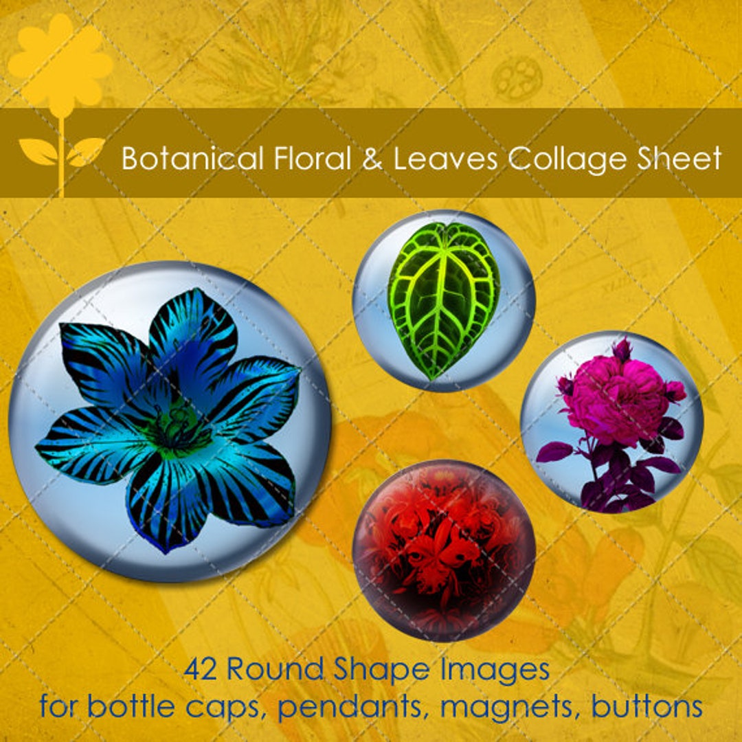 Foglio di collage digitale rotondo di arte botanica per tappi di ...