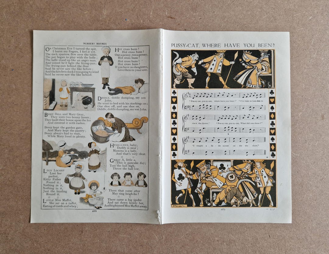ANTIQUE Vintage Print Illustrations Book Plate: Nursery Rhymes Poem , 2 ...