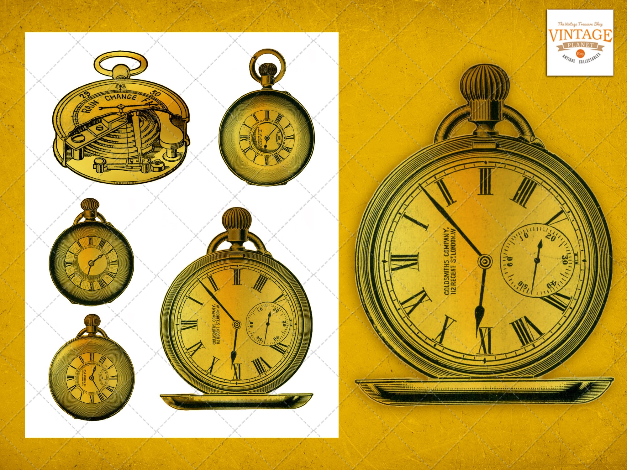 Vintage Gold Colour Pocket Watch Barometer Images, Collage Sheet and ...