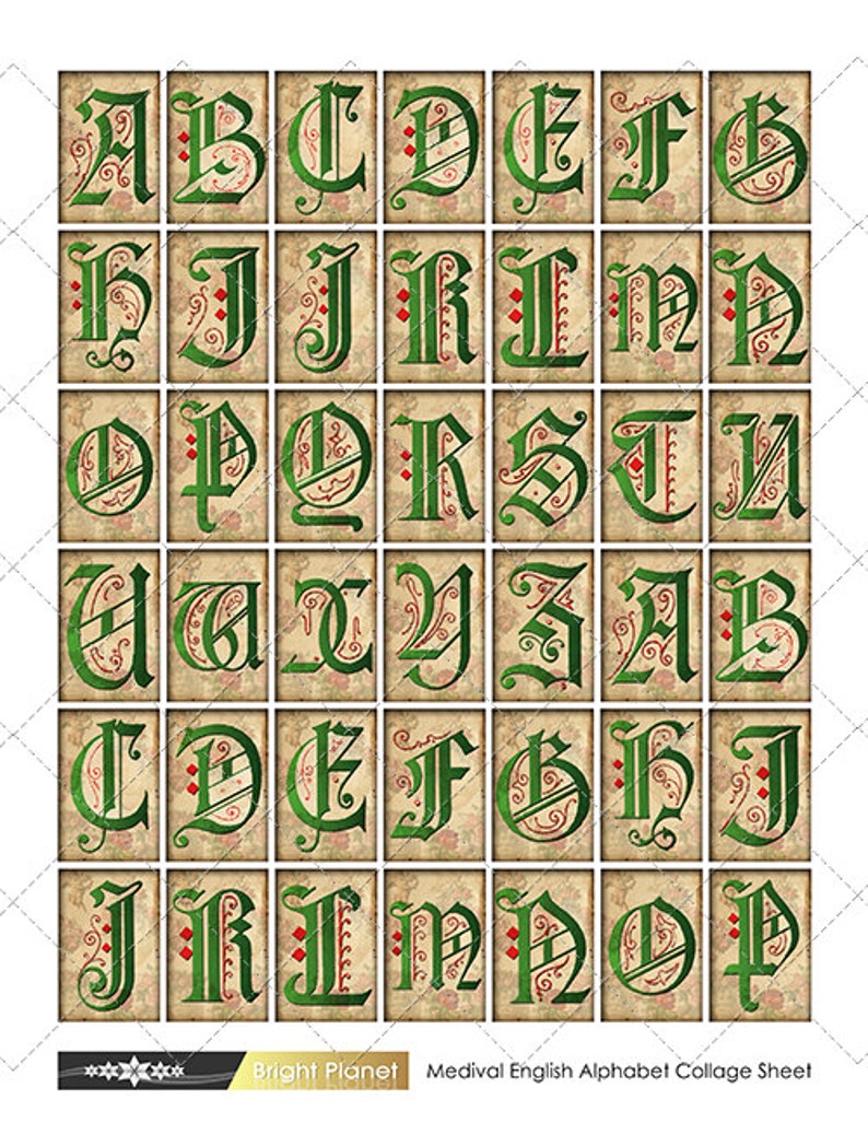 Medival English Alphabet Digital Collage Sheet 1" X 1.5" Rectangle ...