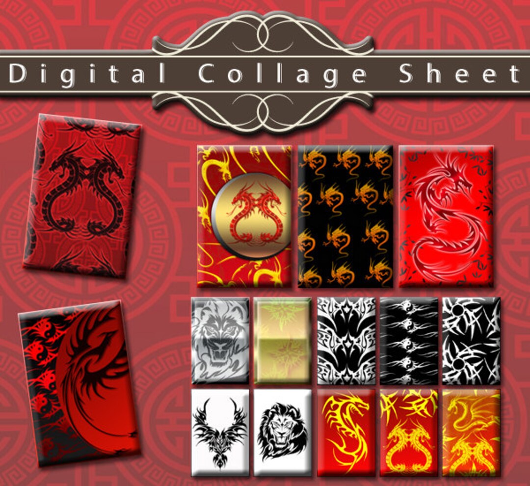 Chinese Dragon Design Digital Collage Sheet 1" X 1.5" Rectangular Shape ...