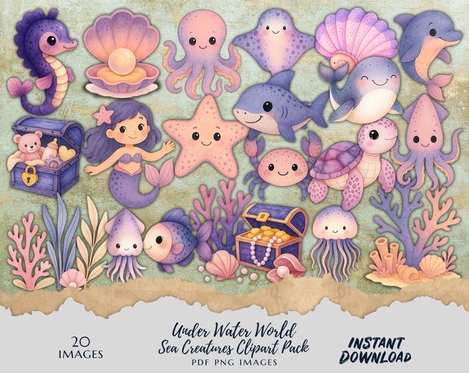 Sealife Animals Clipart - 35 Watercolor Underwater Ocean Animals Set ...