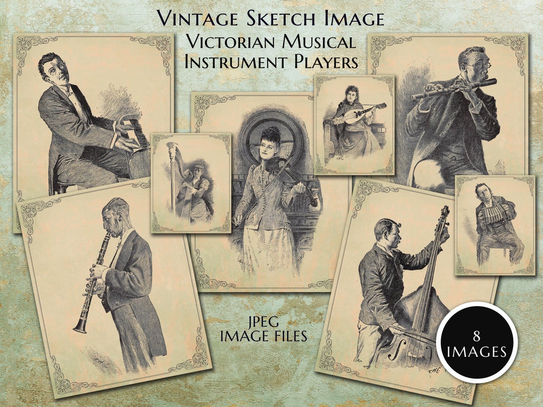 8 X Vintage Victorian Musical Instrument Players Digital Graphics JPEG ...