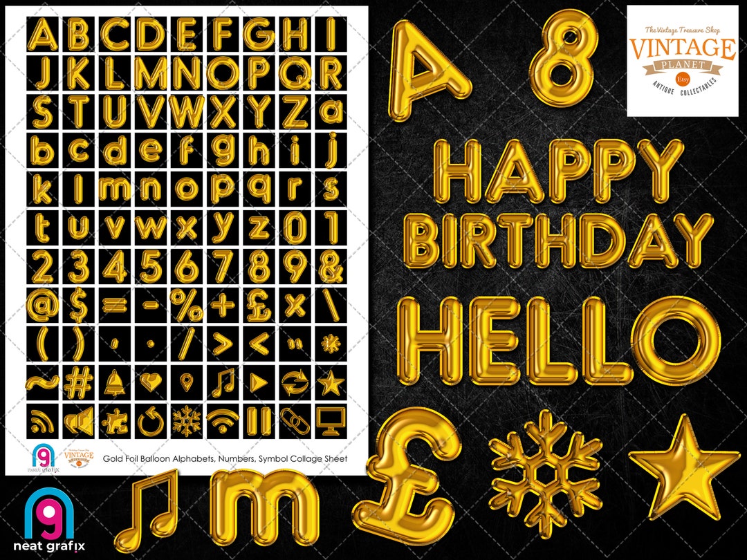 Gold Foild Balloon Alphabet, Numbers & Symbols Collage Sheet: English ...
