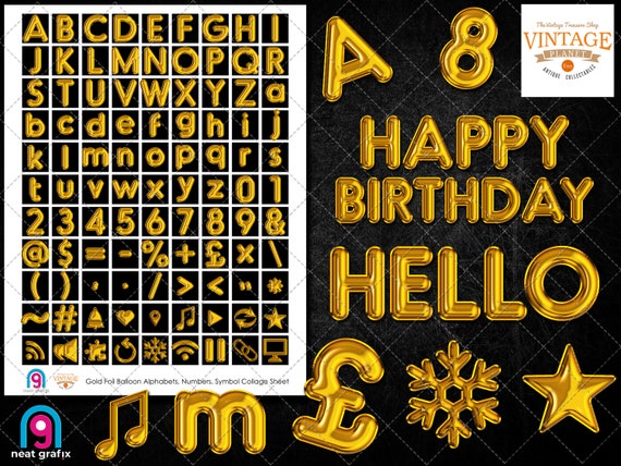 Gold Foild Balloon Alphabet Numbers & Symbols Collage Sheet: | Etsy