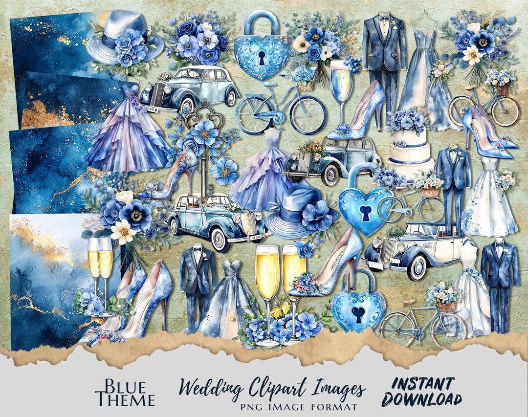 Blue Theme Watercolor Wedding Clipart Bundle, Blue Backgrounds, Floral ...
