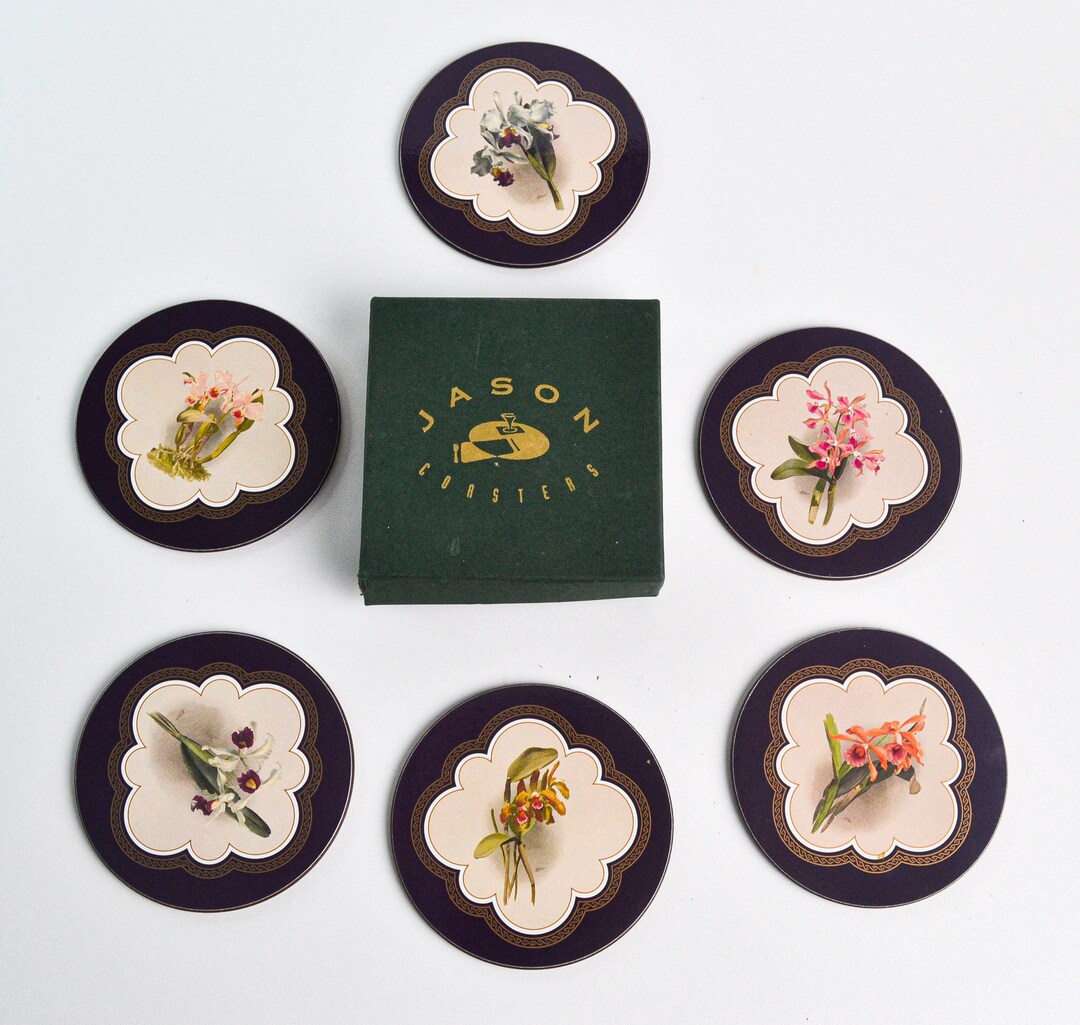 Set of 6 Vintage Jason Round Coasters Orchids, Floral Designs, in ...