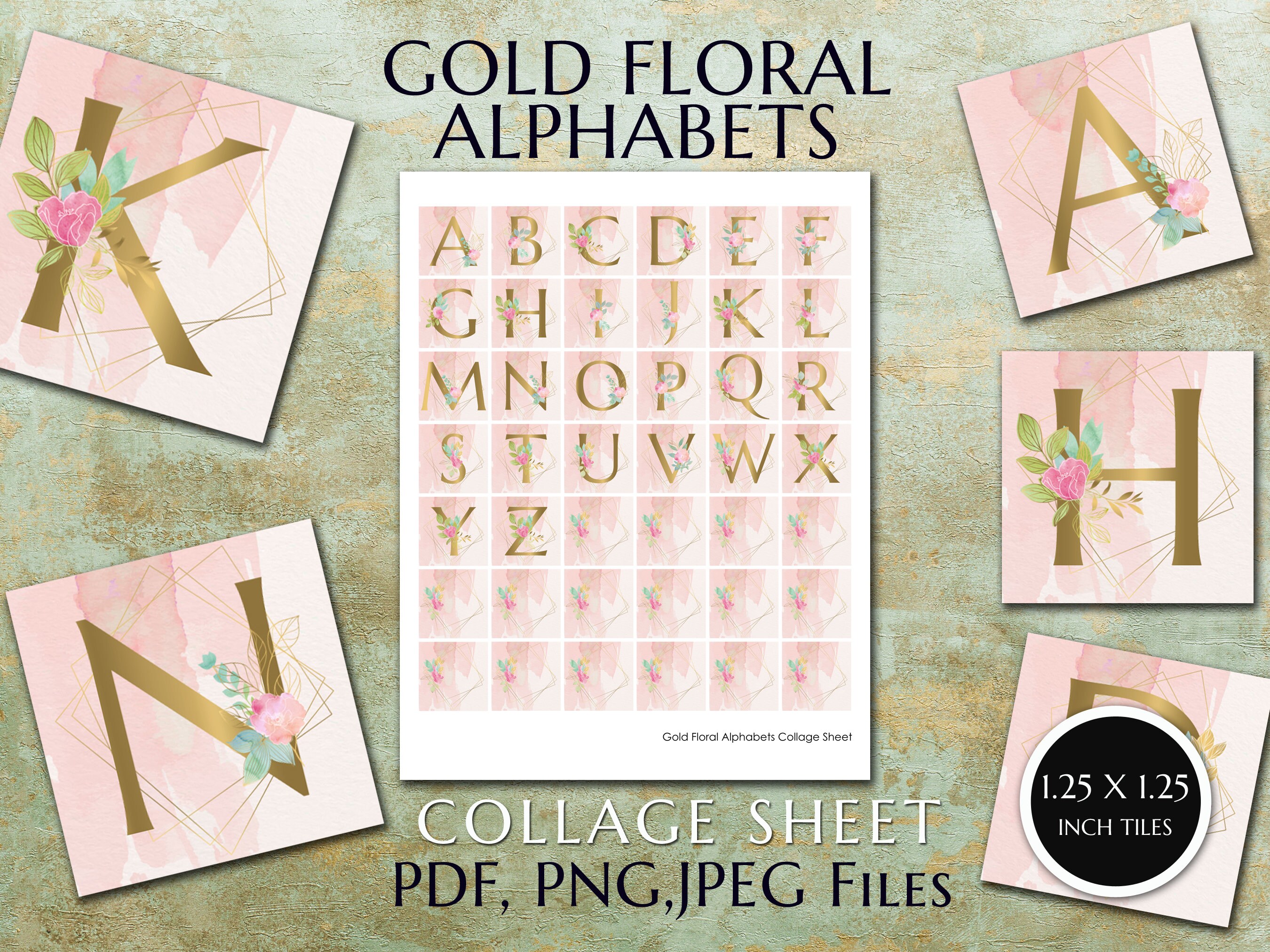 Gold Floral English Alphabet Letters Collage Sheet, Scrabble Tile Size ...