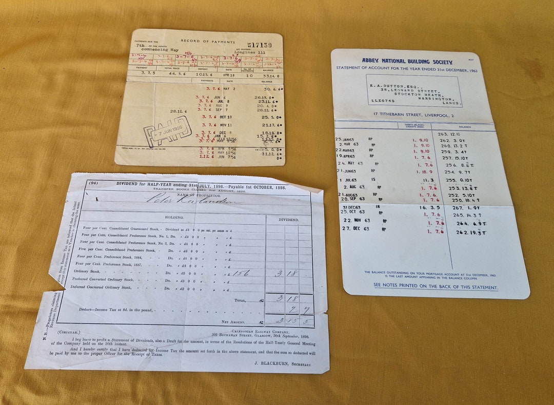 3 X Vintage Old Documents Paper Ephemera: Dividen Statement, Bank ...