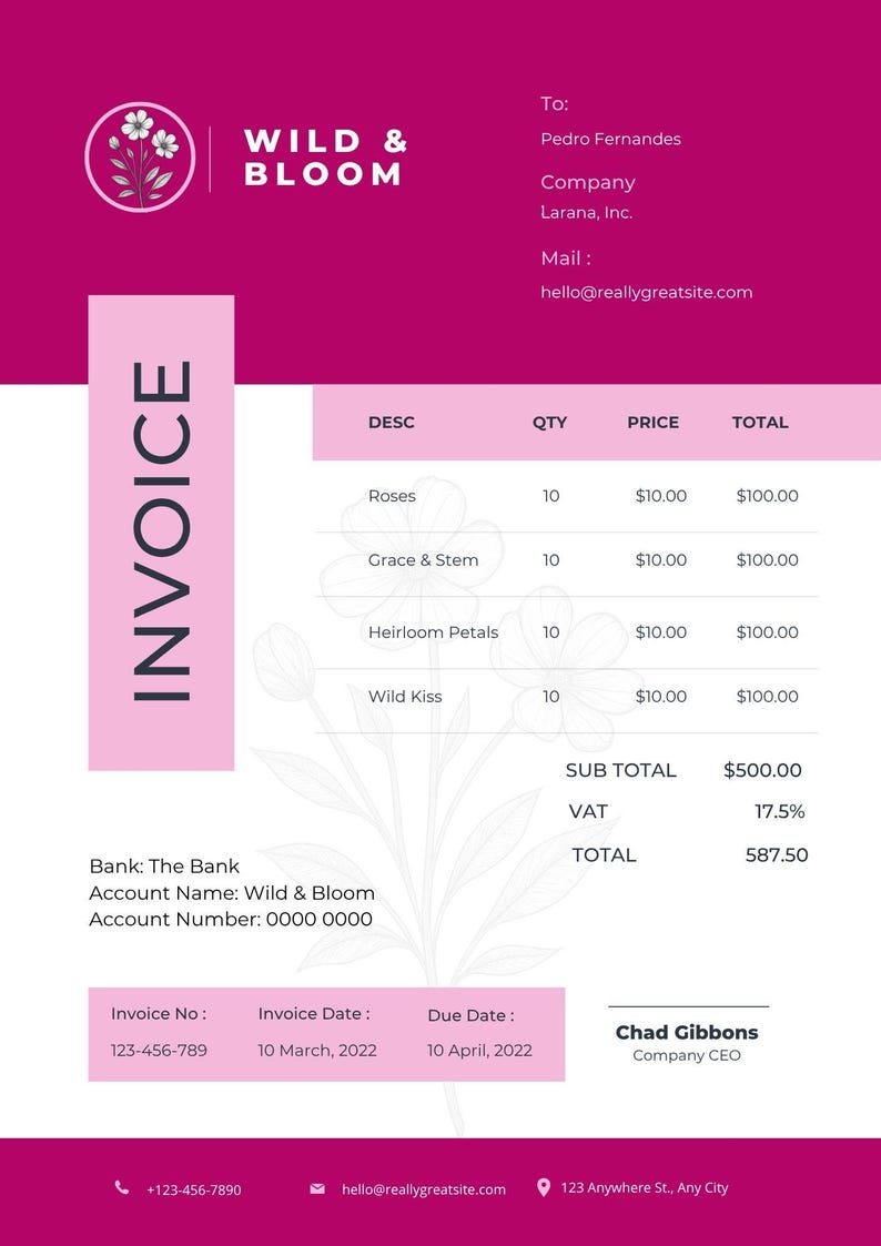 Editable Flower Shop Invoice Template | Canva Digital Download ...