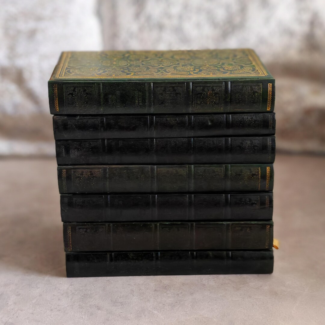 Antique Green and Gold Embossed Leather Book Collection Elegant ...