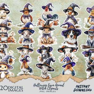 20 Watercolor Cartoon Halloween Farm Animals Witch Bundle Clipart Cute ...