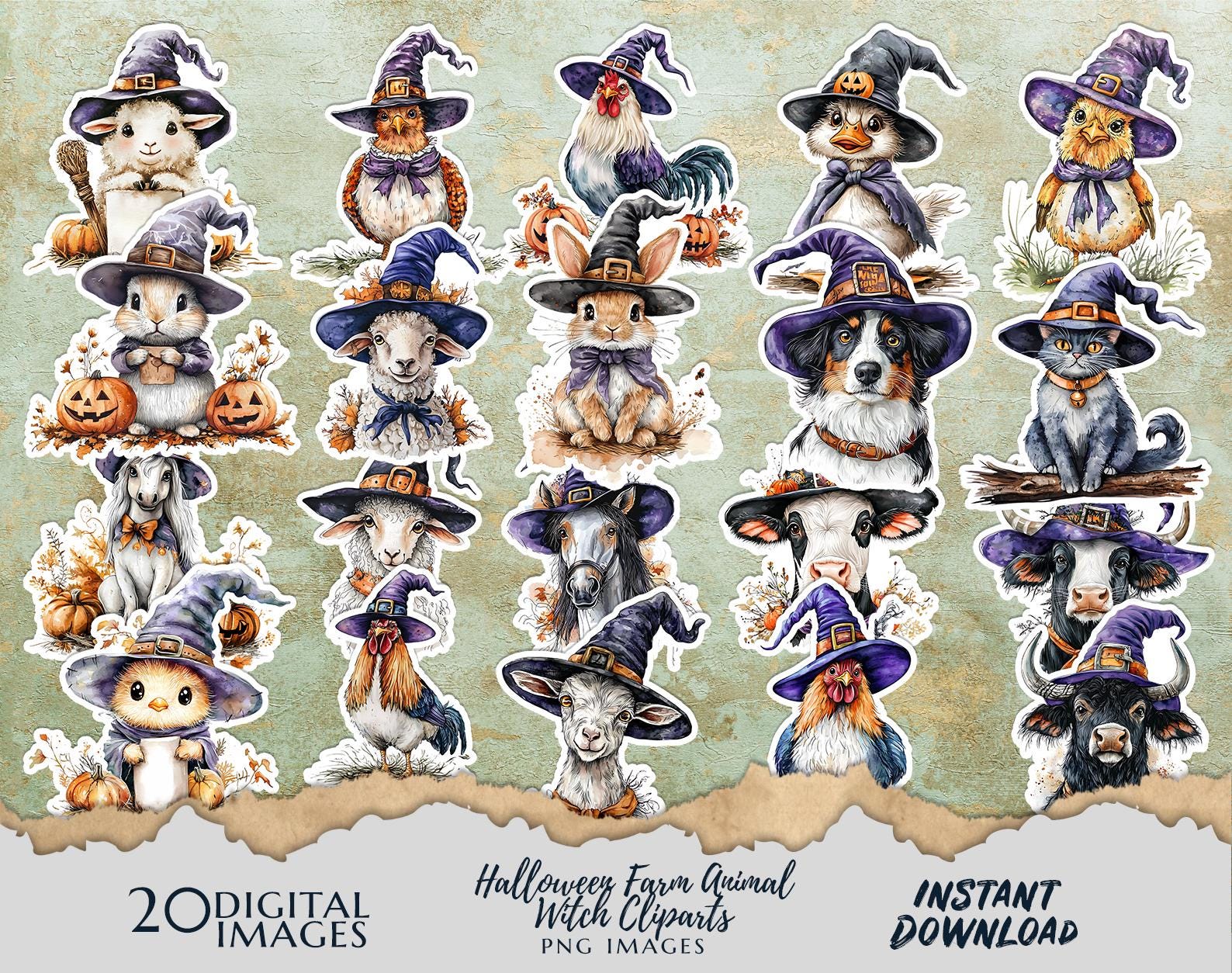 20 Watercolor Cartoon Halloween Farm Animals Witch Bundle Clipart Cute ...