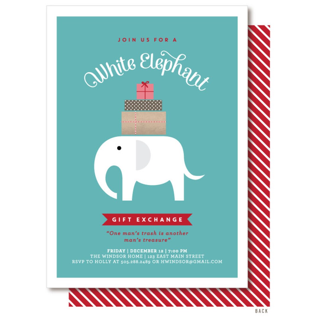 White Elephant Invitation, Modern Christmas Party Invitations, White ...
