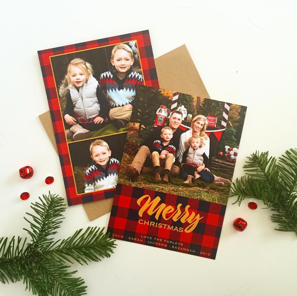 Plaid Christmas Card Rustic Holiday Photo Cards Red and Navy | Etsy