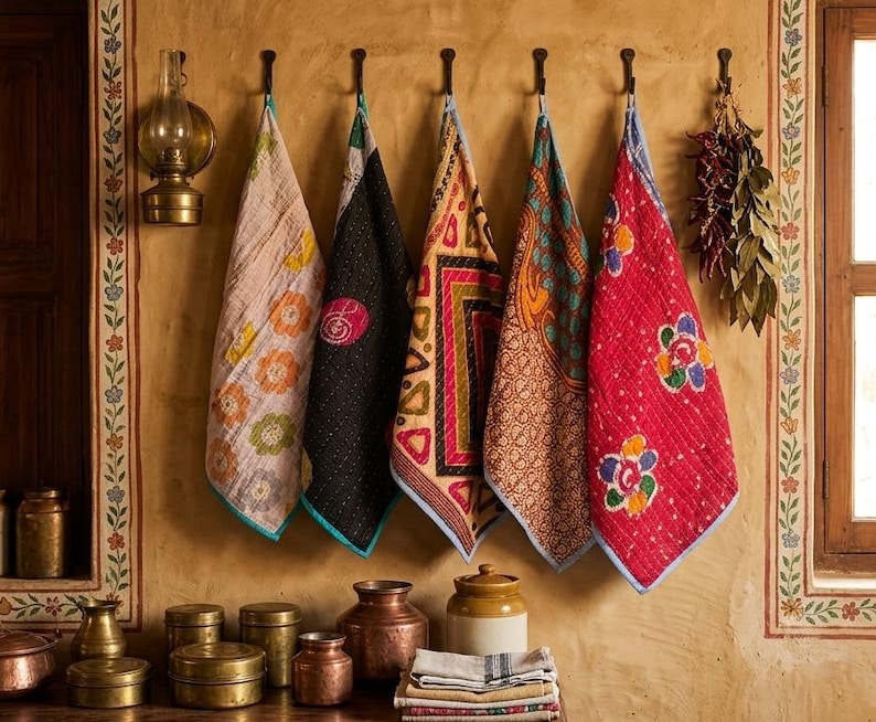 Vintage Kantha Kitchen Towels Set of 5 Pcs Handmade Colorful Indian ...