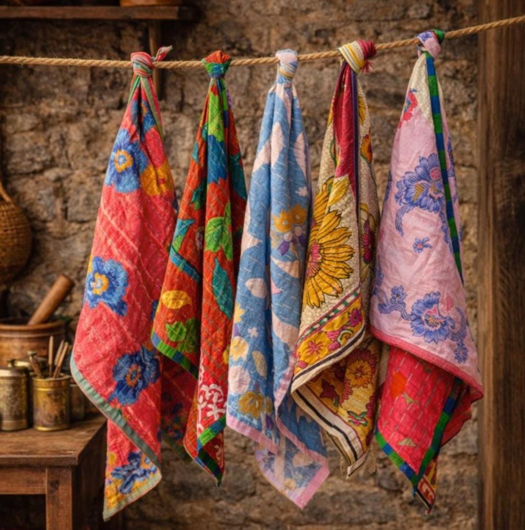 Vintage Kantha Kitchen Towels Set of 5 Pcs Handmade Colorful Indian ...