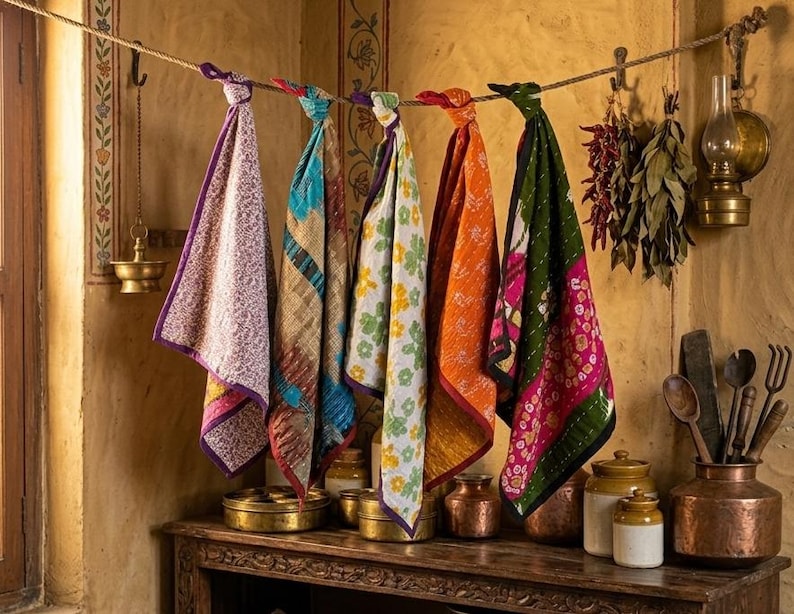 Vintage Kantha Kitchen Towels Set of 5 Pcs Handmade Colorful Indian ...