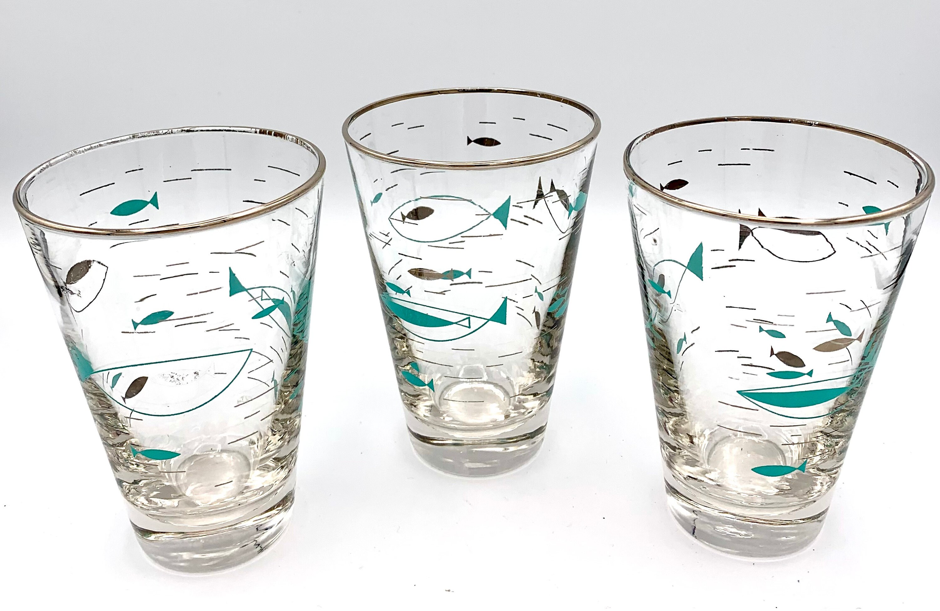 3 Vintage Libbey Atomic Aqua Fish Glasses Tumblers Inches Turquoise ...