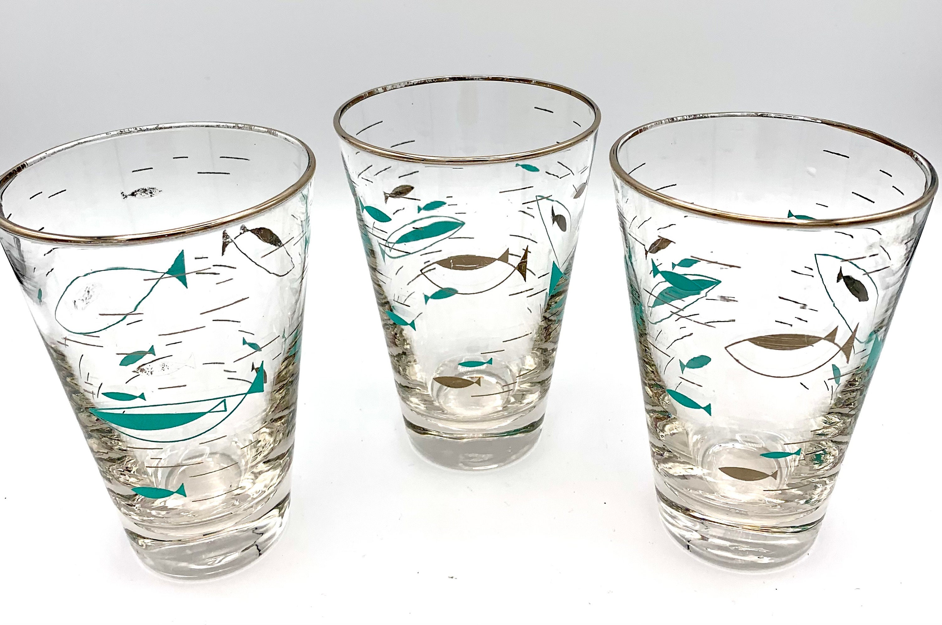 3 Vintage Libbey Atomic Aqua Fish Glasses Tumblers Inches Turquoise ...