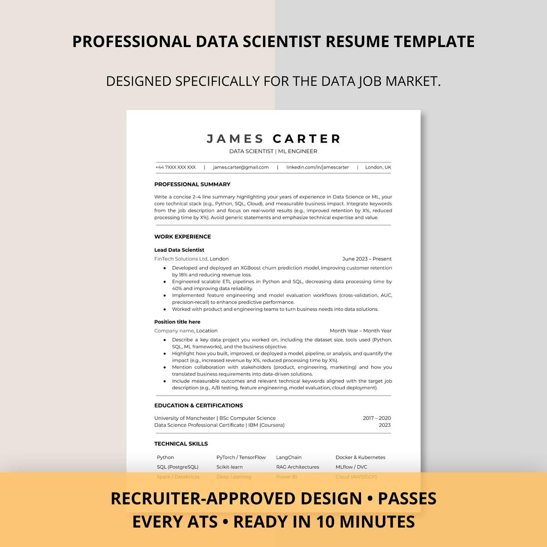 Data Scientist Resume Template for Google Docs and Word; ATS Resume ...