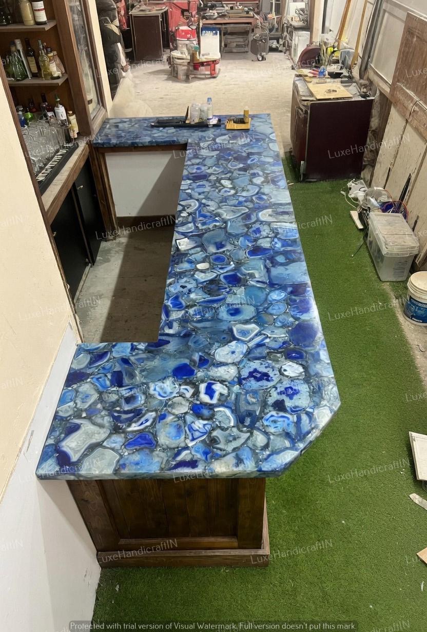Blue Agate L-shape Countertop, Luxury Gemstone Kitchen Island, Natural ...