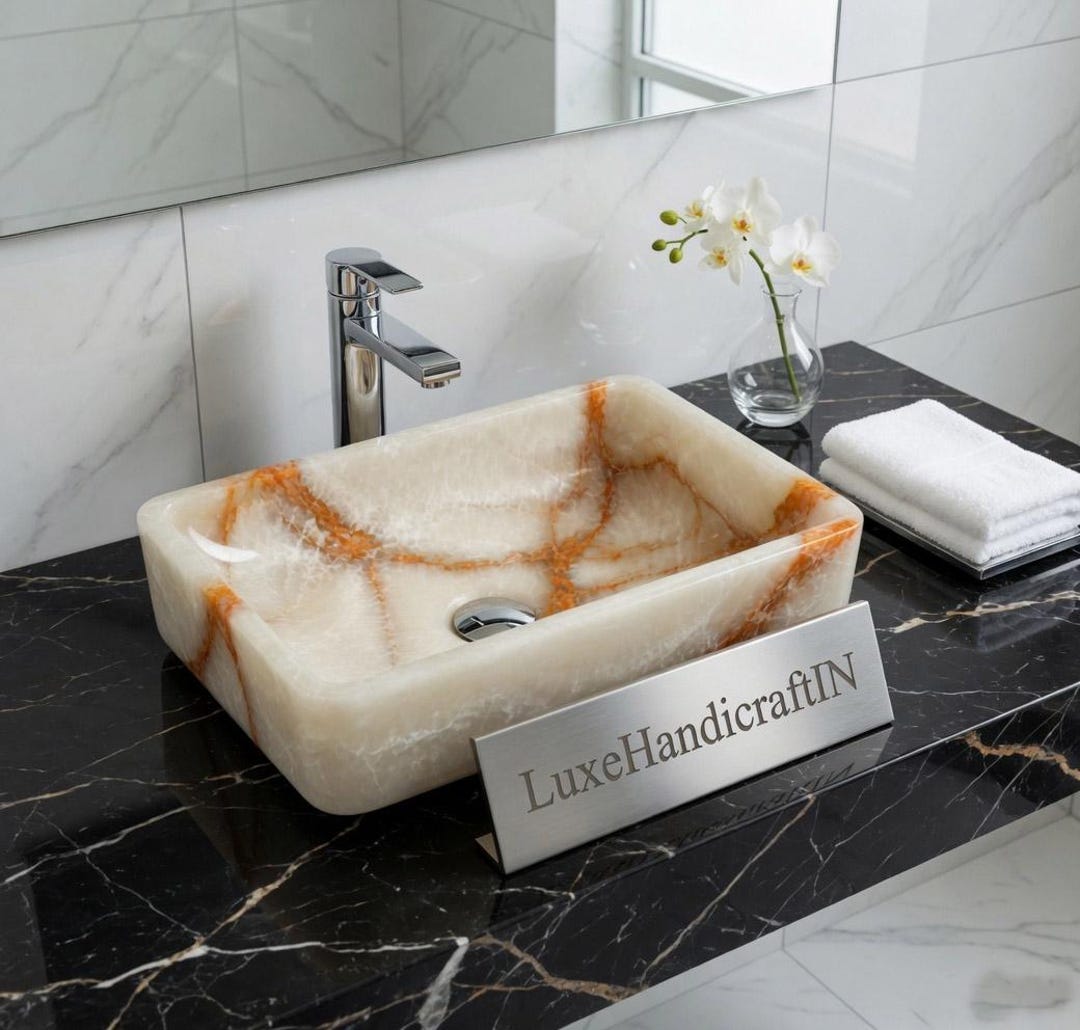 Handmade White Onyx Vessel Sink, Translucent Rectangular Stone Basin ...