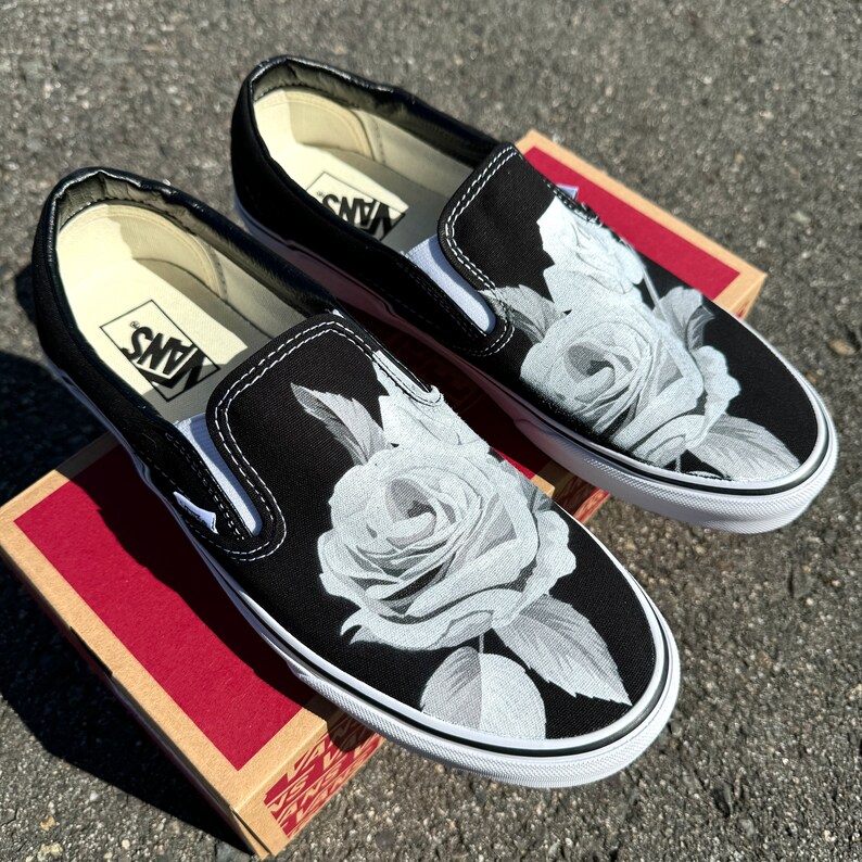 Greyscale Roses on Black Slip on Vans Shoes - Vans Shoes for Women and ...
