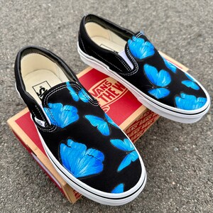 Blue Butterfly Black Slip on Vans - Custom Vans Shoes - Etsy