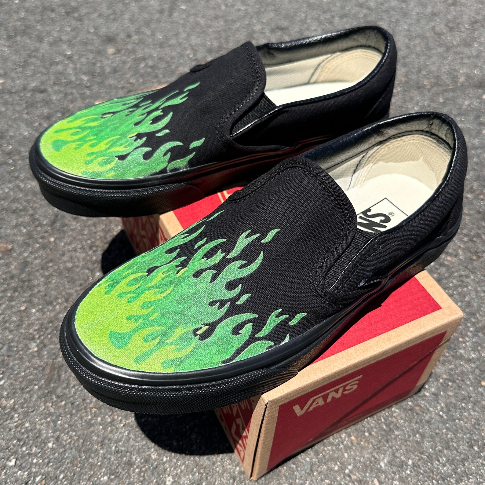 Hot Green Flame Shoes - Custom Vans Black/ Black Slip Forest Green Neon ...