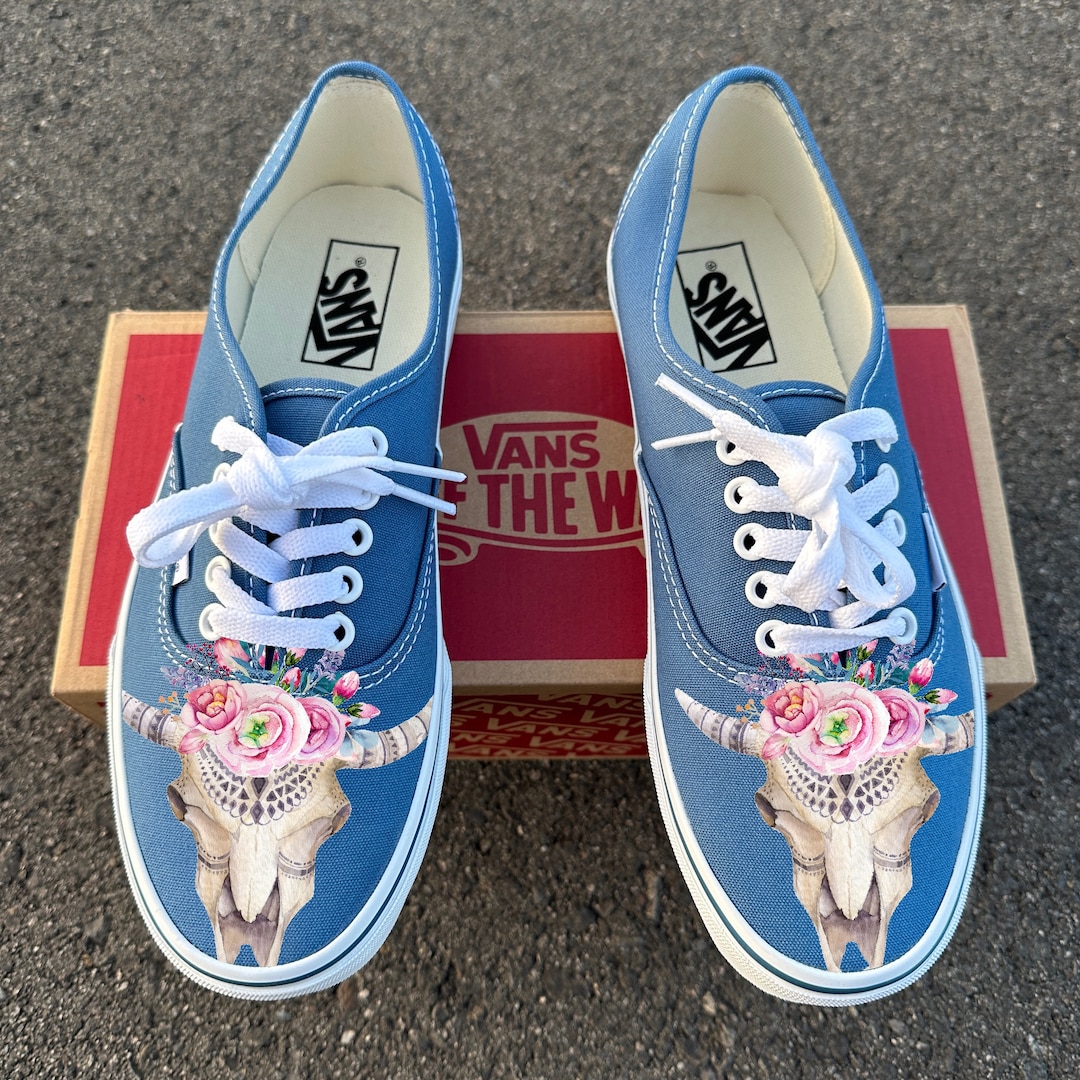 Watercolor Cow Bull Skull - Custom Navy Authentic Vans Shoes - Etsy