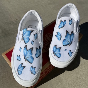 Blue Butterfly White Slip on Vans - Custom Vans Shoes - Etsy
