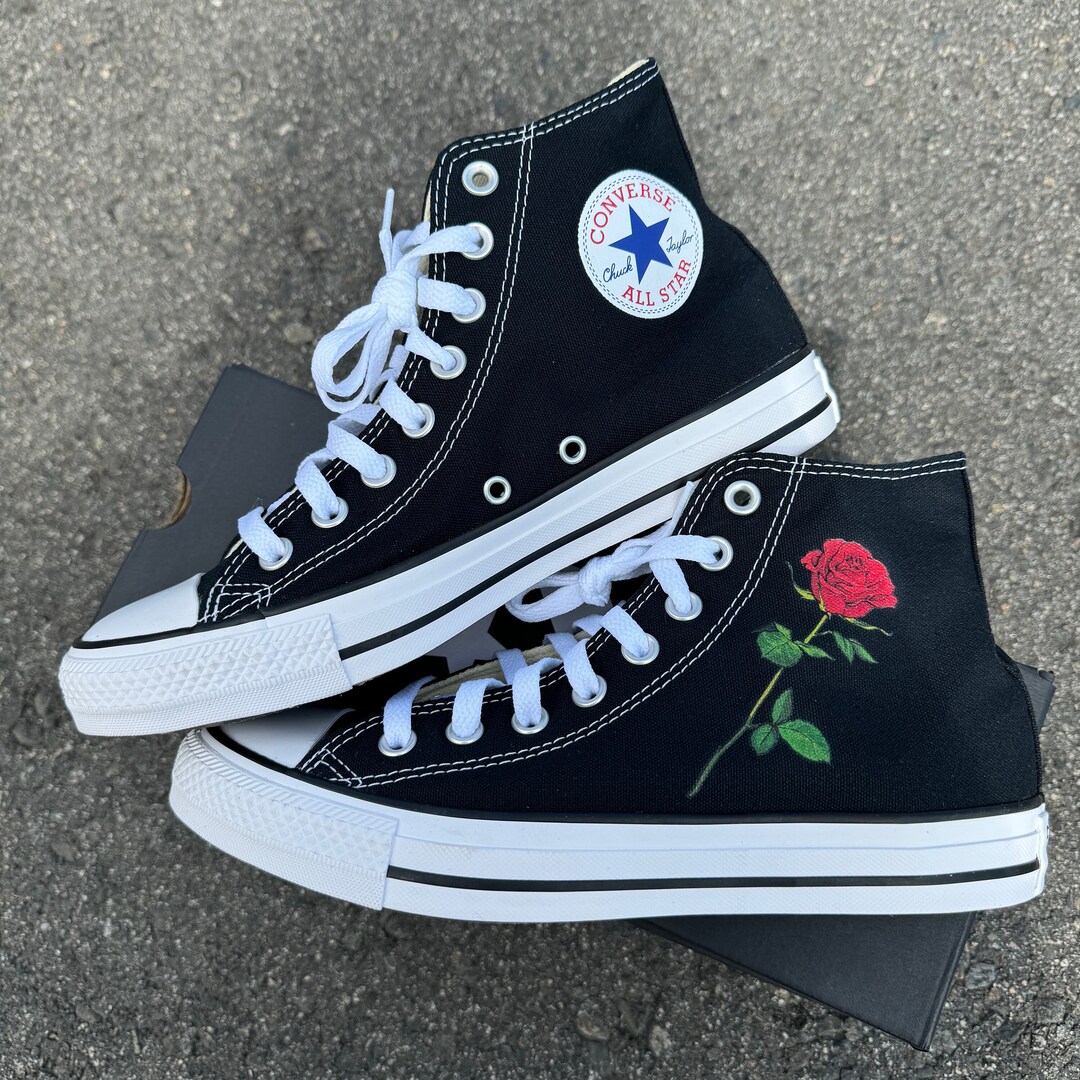 Single Rose on Black High Top Converse Shoes - Men's and Women's Custom ...